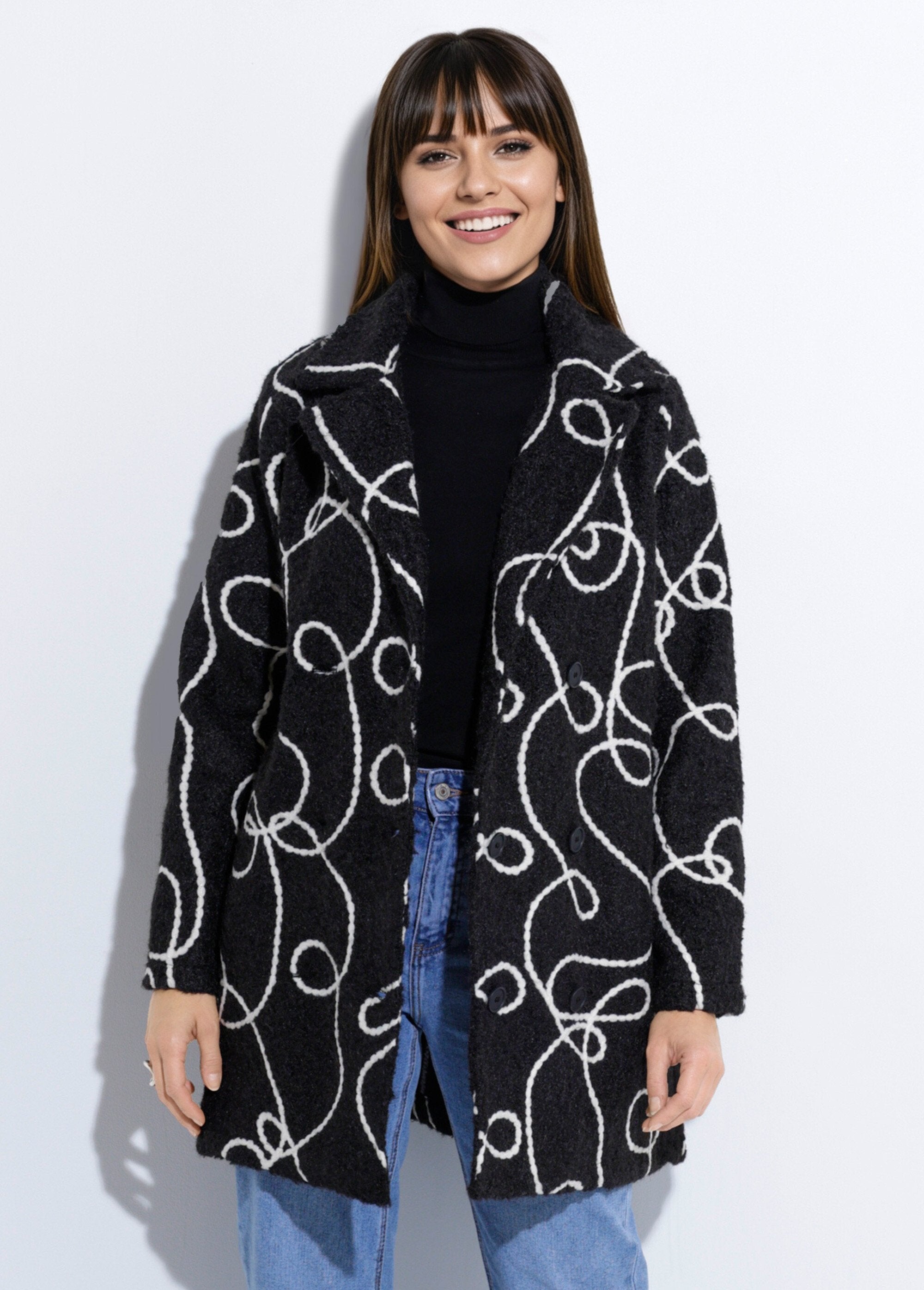 Long, fancy boiled wool-style pea coat Black | Afibel