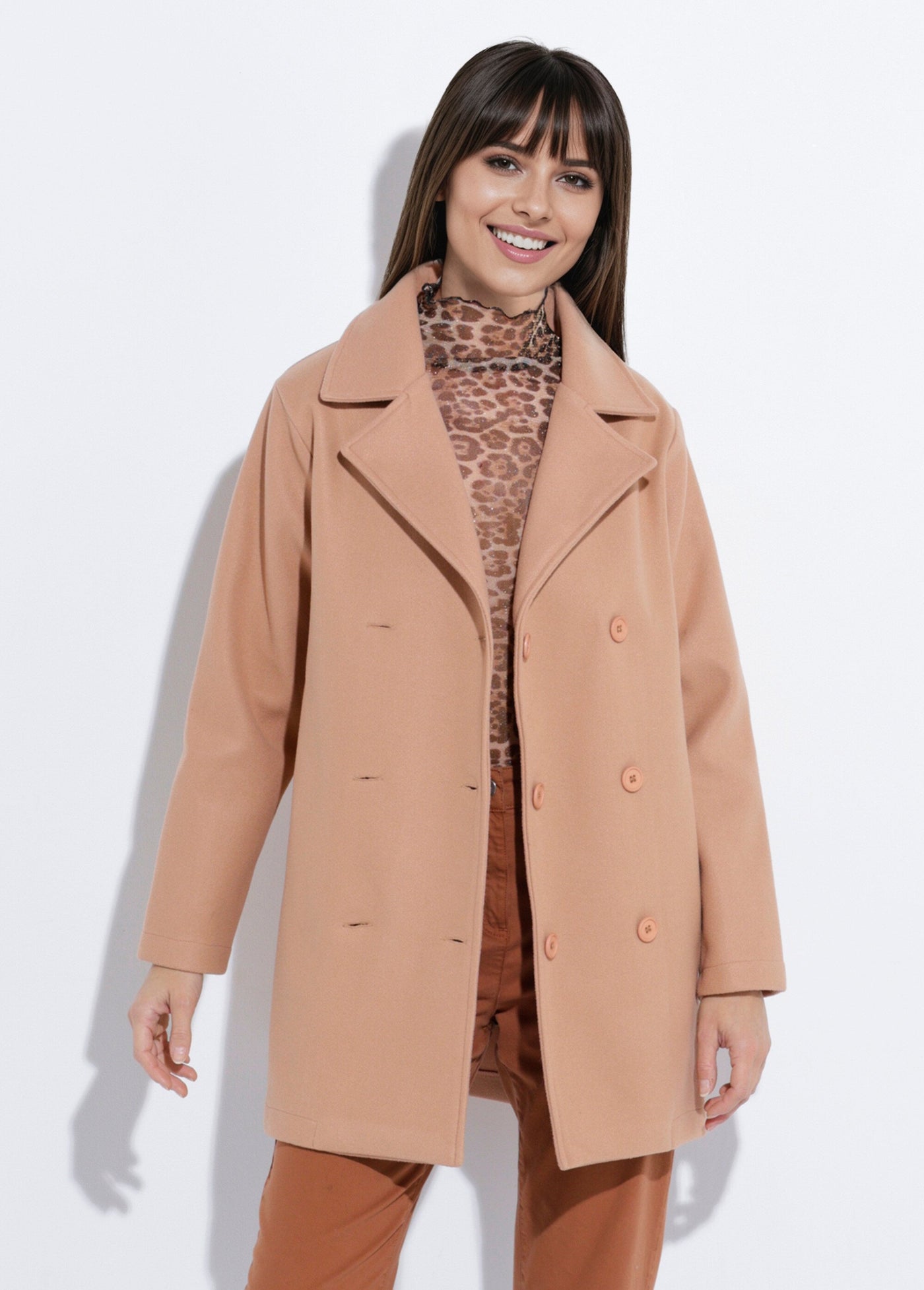 Caban long uni façon drap de laine Camel | Afibel