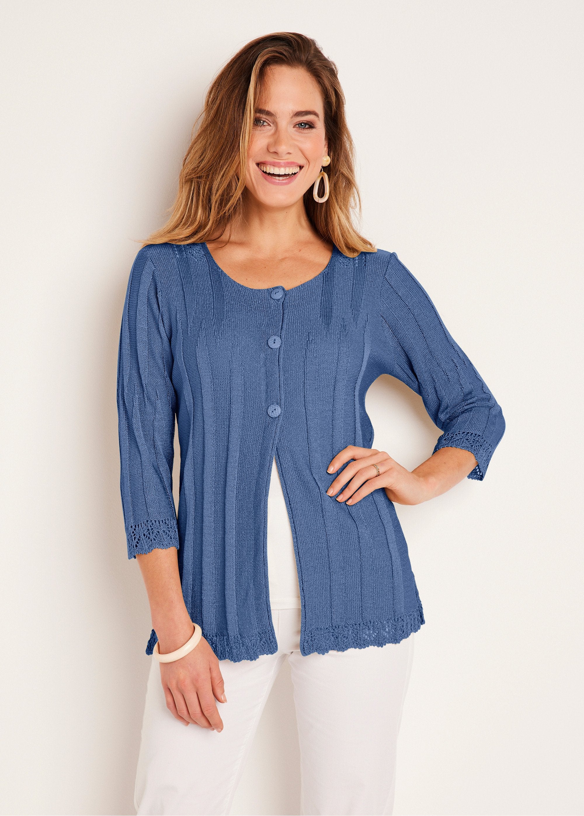 Long openwork buttoned cardigan Blue | Afibel