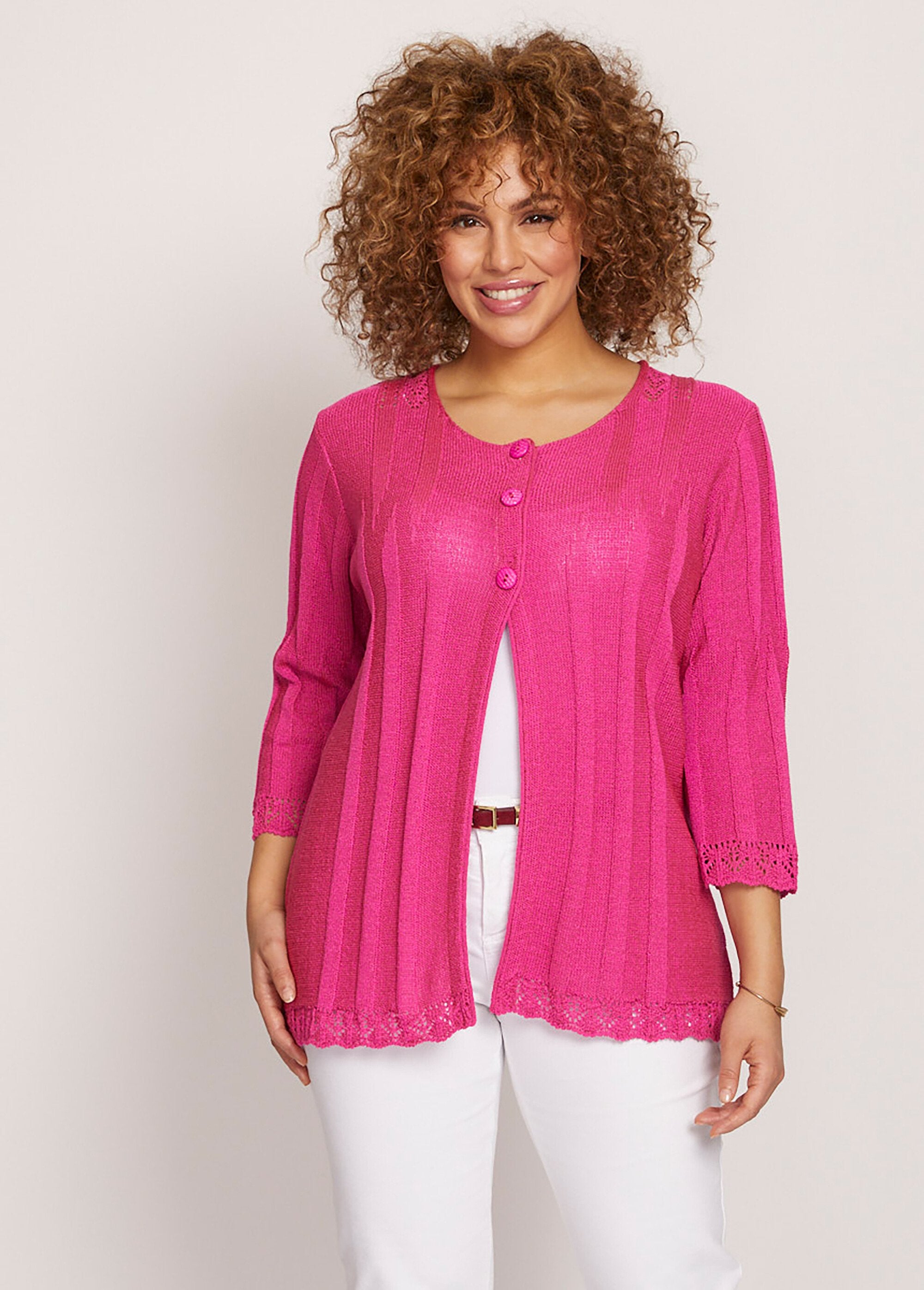Cardigan boutonnée long ajouré Fuchsia | Afibel