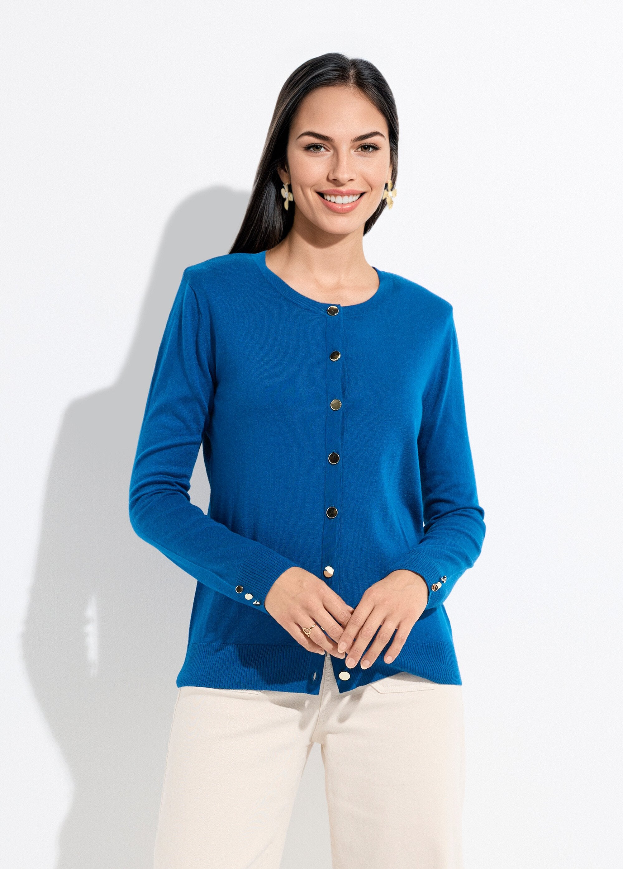 Fine round neck buttoned cardigan in plain jersey with merino wool Duck ...