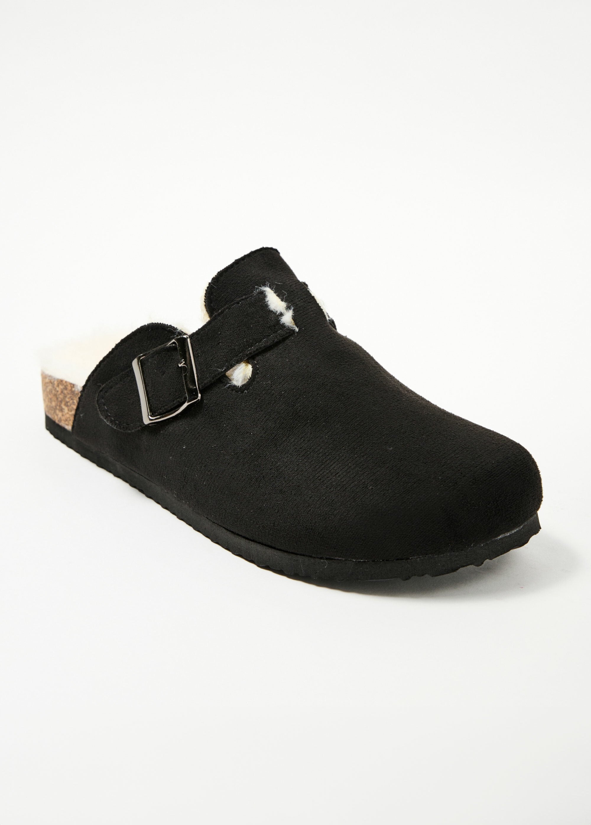 Trendy fur-lined mules with buckle Black | Afibel