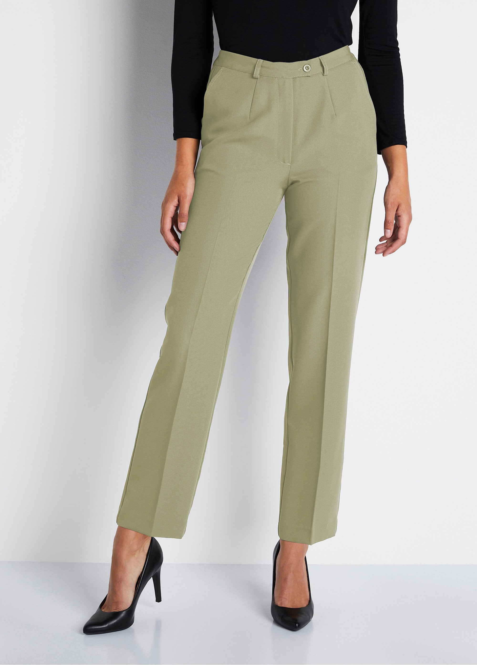 Pantalon droit taille semi-élastiquée tissu infroissable Vert amande ...