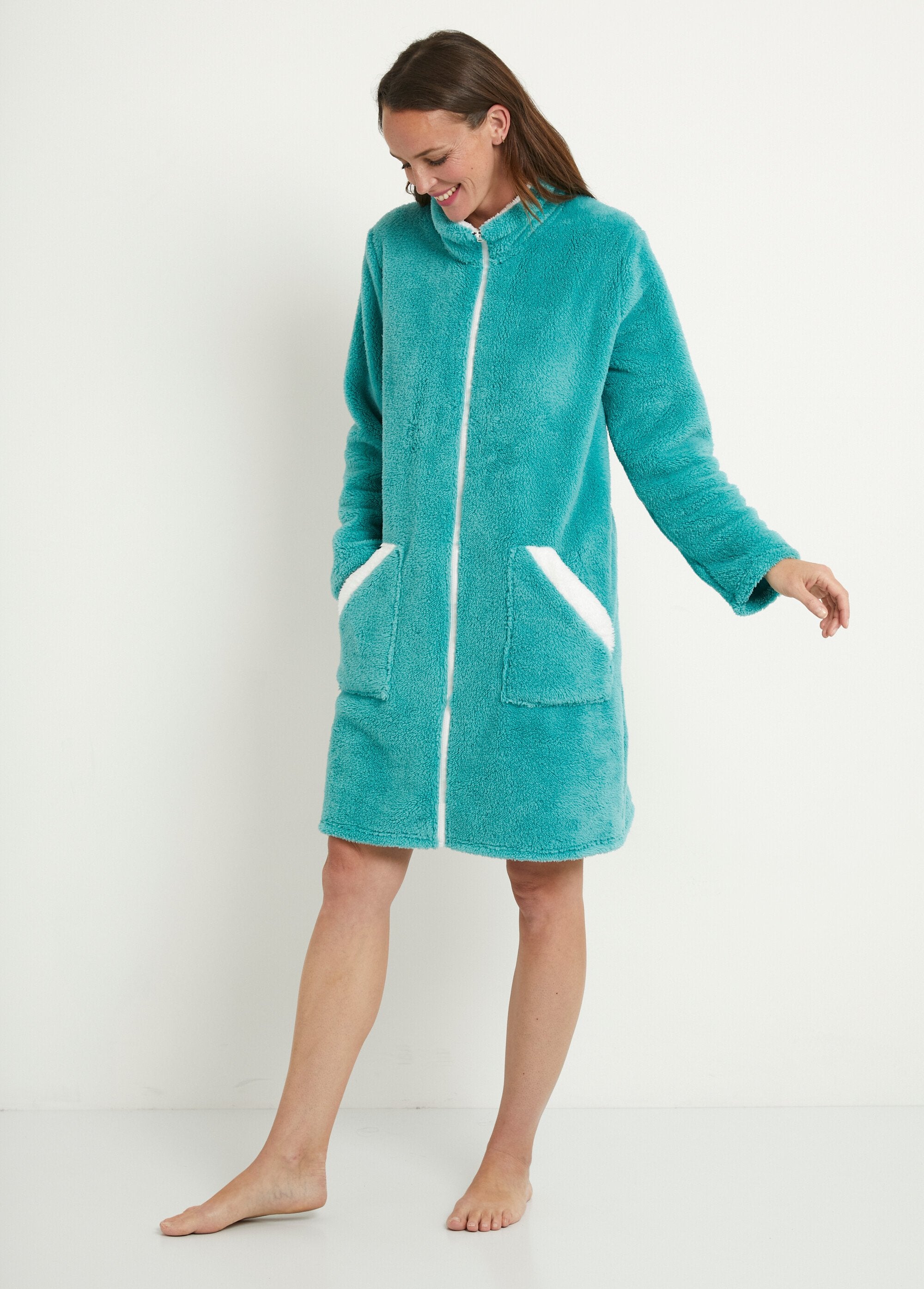 Peignoir court zippé col montant maille peluche Vert | Afibel