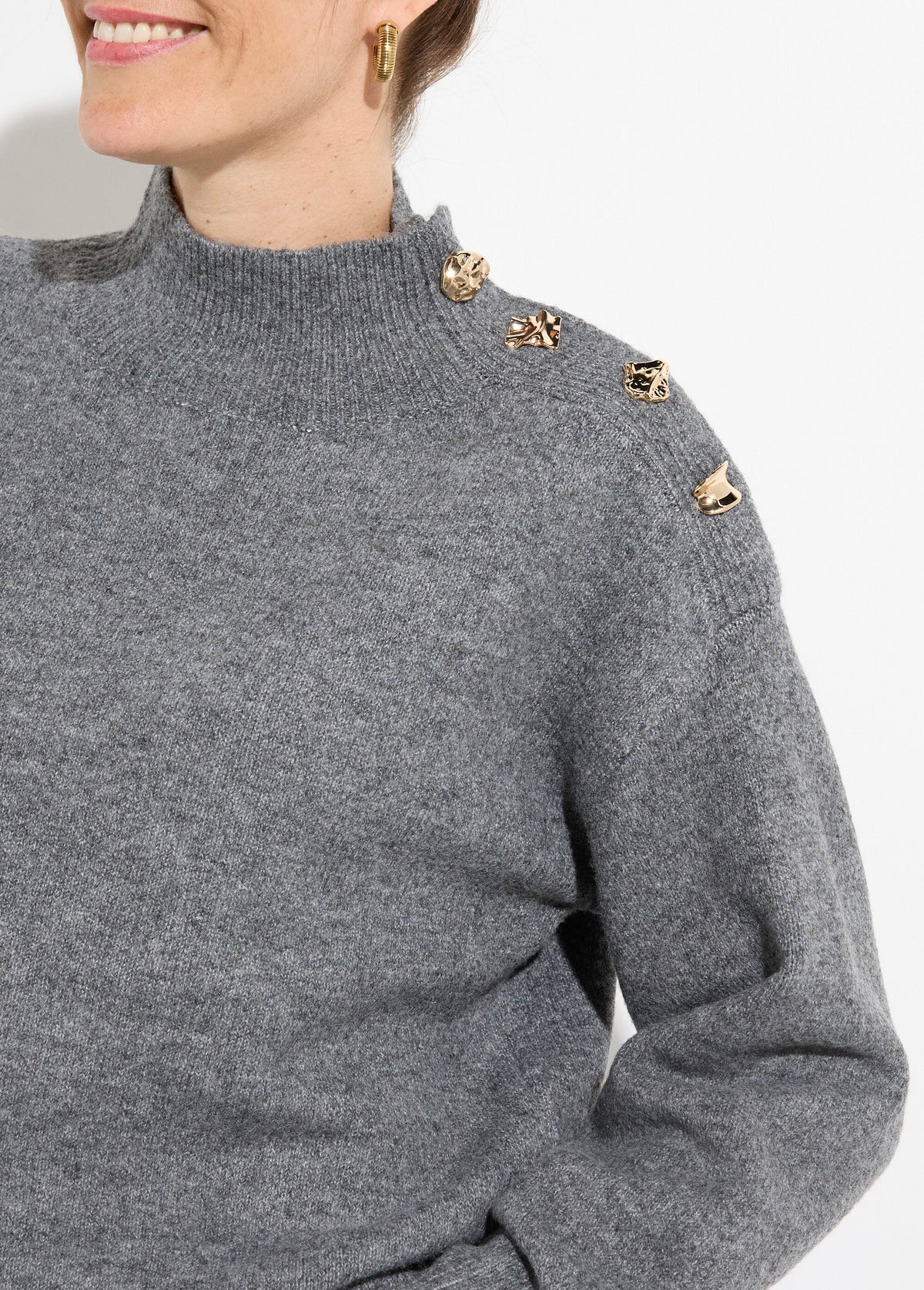 High-neck sweater with metal jewel buttons Gray | Afibel