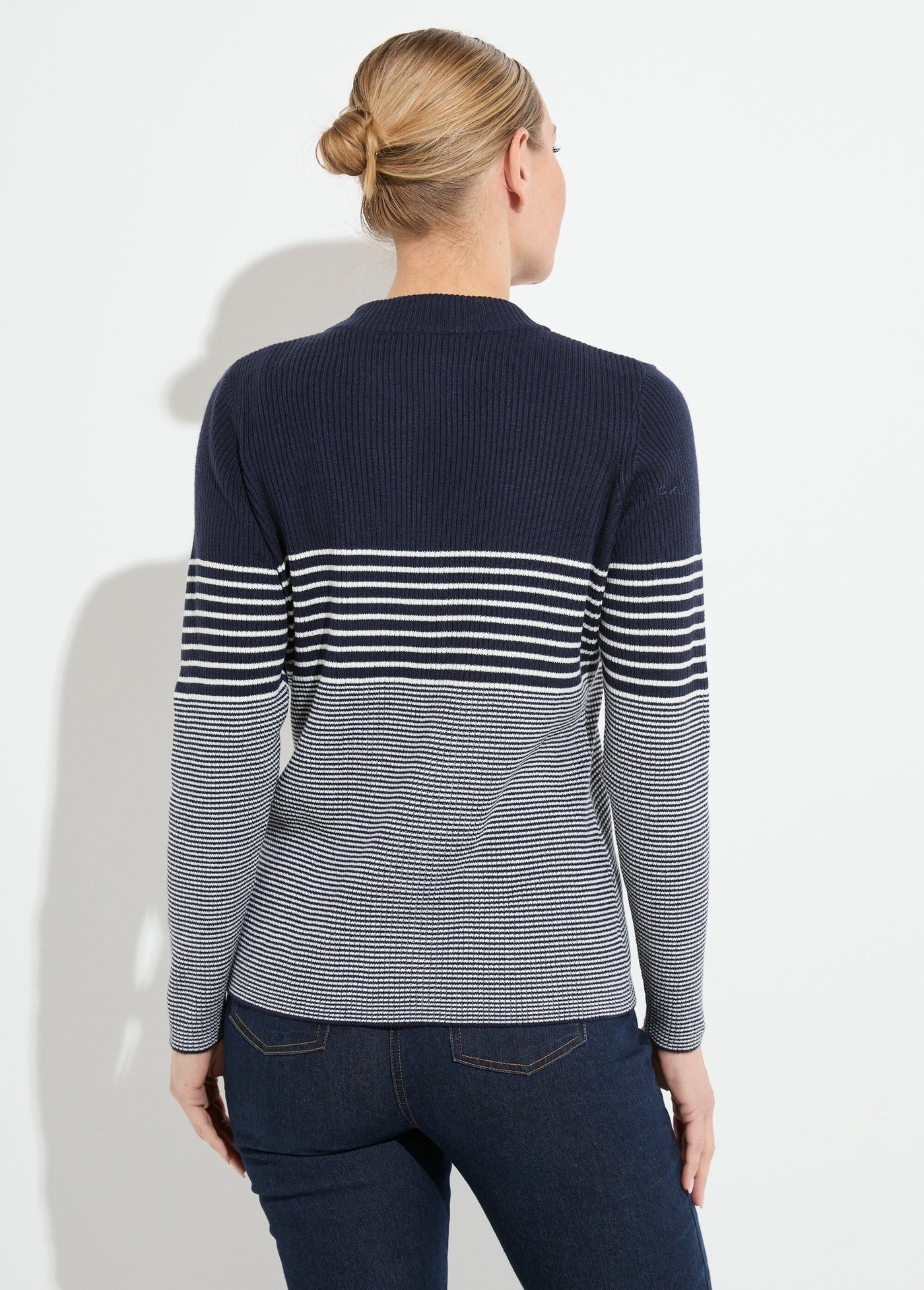 Pull court col montant maille côtelée Marine et ecru | Afibel
