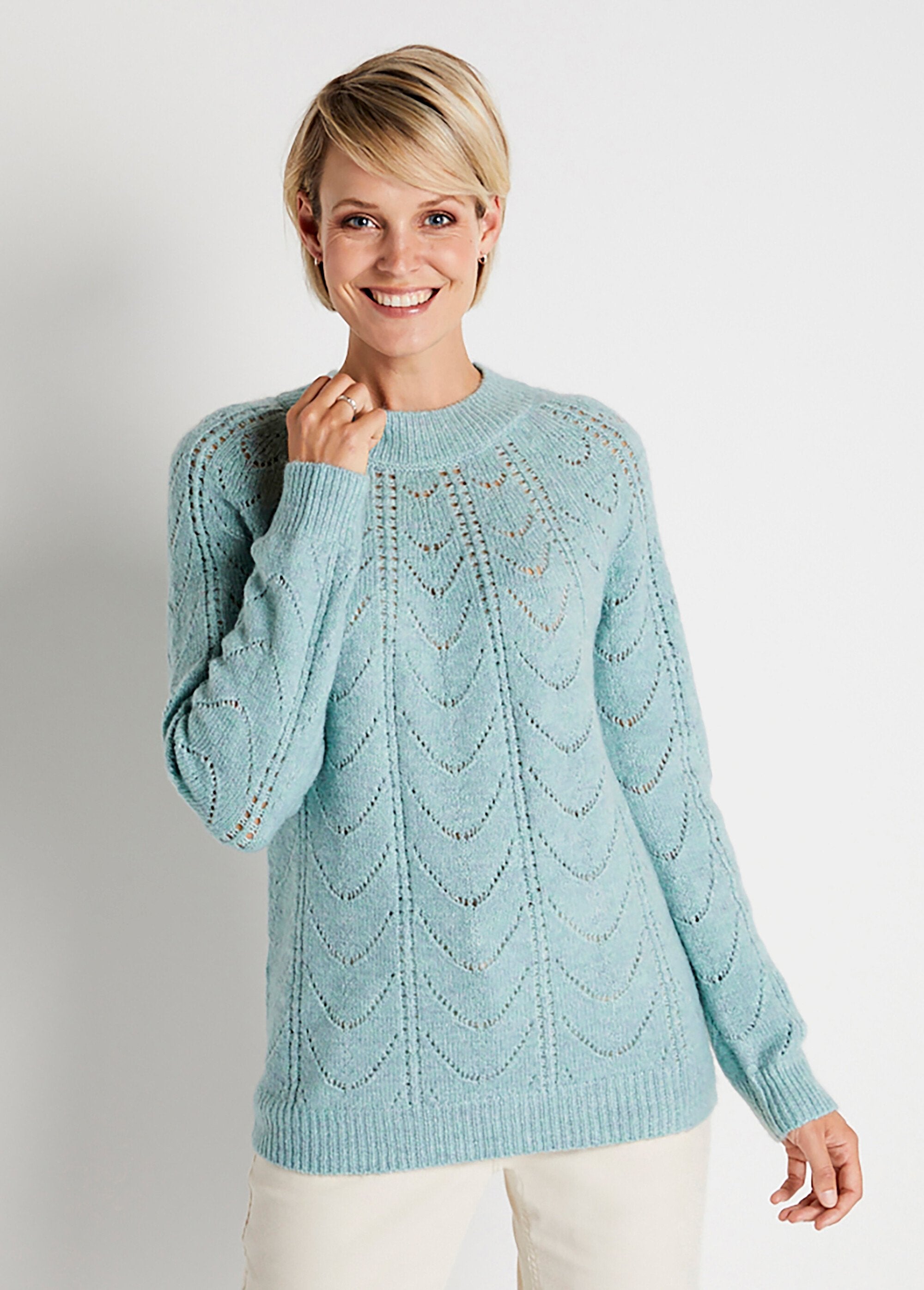 Pull maille chinée ajourée col rond Aqua | Afibel