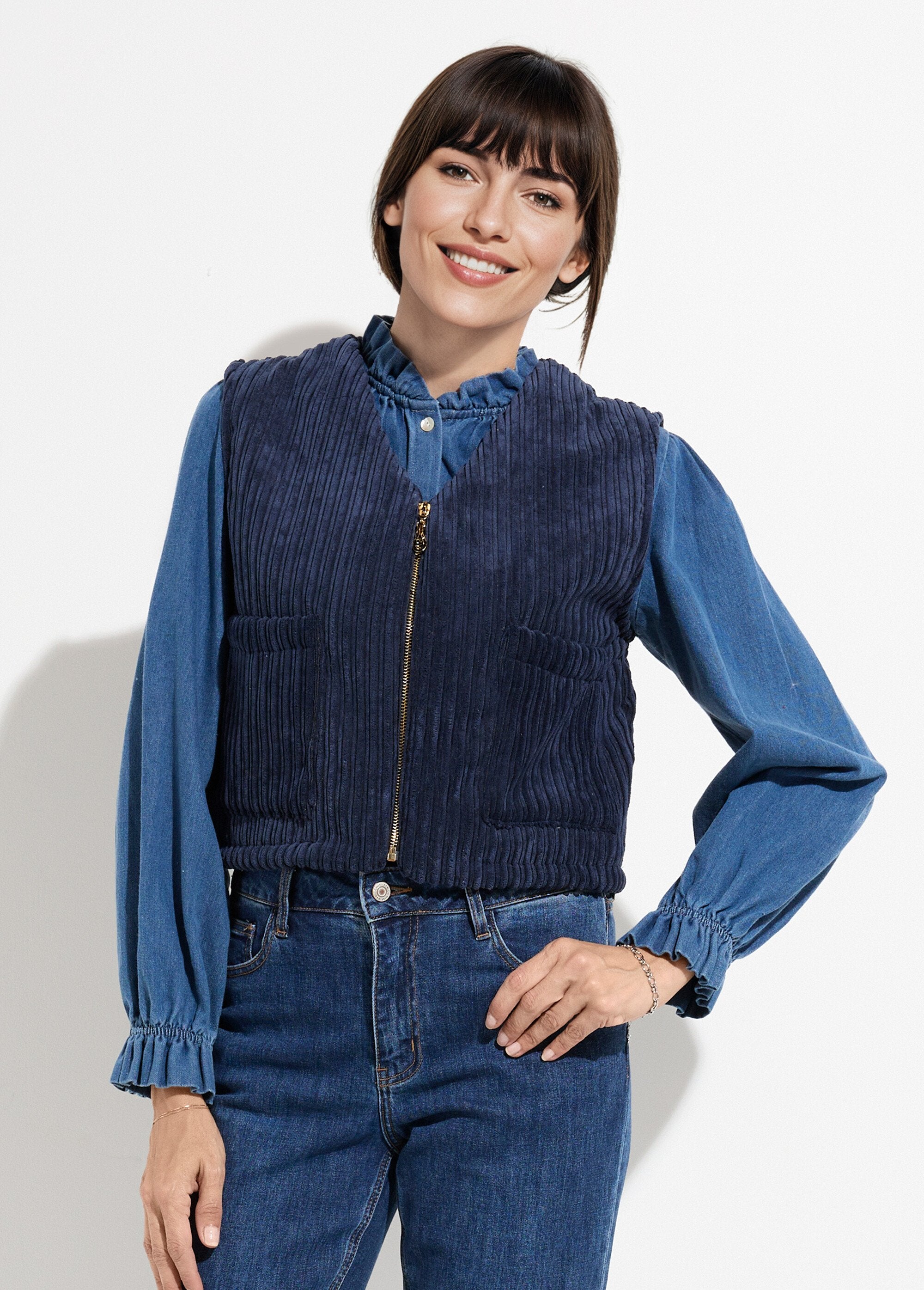Sleeveless V-neck zipped velvet jacket Marine | Afibel